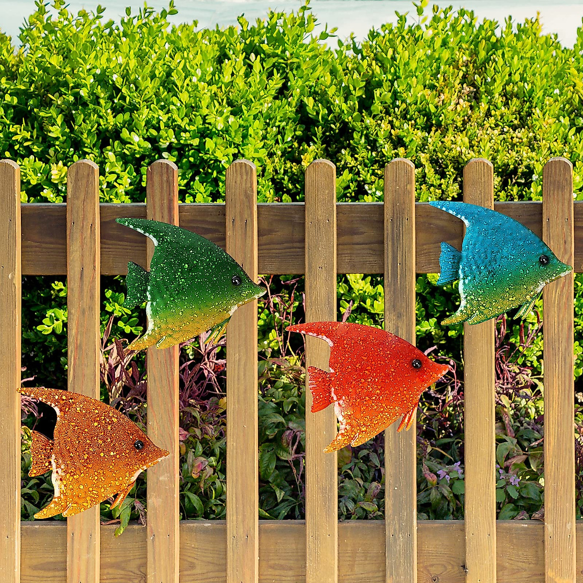 Cruis Cuka Outdoor Metal Wall Art Cute Fish Fence Decorations for Backyard Wall Decor Outside Lawn Ornaments - Set of 4