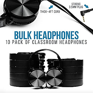 Bulk Classroom Headphones (10 Pack) - On-Ear Premium Student Bulk Headphones: Perfect for Kids, K-12 Classrooms, Schools & Class Sets (Great Value, Durable, Noise Reducing, Comfortable, Easy-to-Clean)