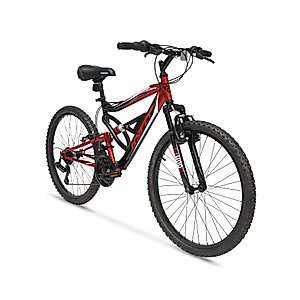 Hyper Kids Mountain Bike 24 Inch Youth Downhill Mountain Bike. Shimano 18 Speed Twist Shifters and Steel MTB Bike Frame. Full Suspension Mountain Bike. Shocker (Red/Black)