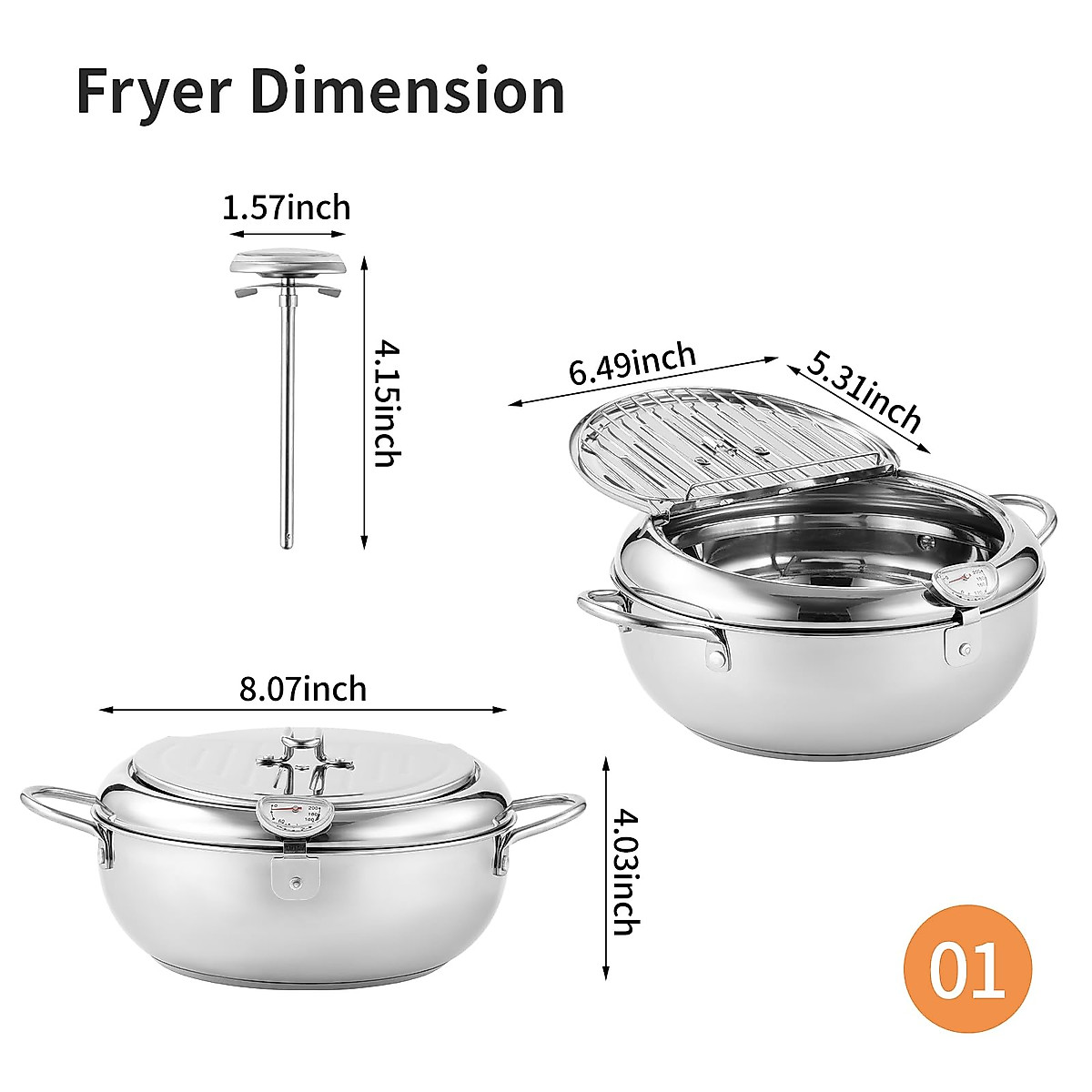 YLARMY Deep Fryer Pot, 7.8Inch/2.2 L Janpanese Tempura Frying Pot with Lid, Stainless Steel thermometer deepfryer with Temperature Control Oil filter rack, Kitchen French Fries maker, Chicken Oil Fry