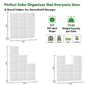 C&AHOME Cube Storage, 9-Cube Bookshelf, Plastic Closet Cabinet Organizer, DIY Stackable Bookcase, Modular Shelving Units Ideal for Home, Office, Kids Room, 36.6" L x 12.4" W x 48.4" H Milky UPCS09M
