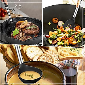 FONGLUAN Kitchen Utensils, Set of 5, Silicone Cooking Utensils Set with Stainless Steel Handle, Turner/Spatula, Spoon, Ladle, Whisk, Masher, Heat Resistant, Nonstick Cookware, Dishwasher Safe, Black