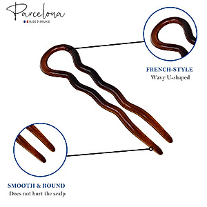 Parcelona French Sleek Brown Tortoise Shell Large 3 1/2" Celluloid Made in France Set of 3 Wavy Crink U Shaped Chignon Hair Pins Updo Bun Pin Sticks for Women and Girls