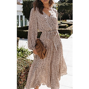 PRETTYGARDEN Womens Fall Long Sleeve Wrap V Neck Ruffle Floral Maxi Dress Casual Tie Waist Boho Chiffon Flowy Long Dresses(Apricot,Medium)