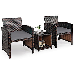 Tangkula 3-Piece Outdoor PE Rattan Furniture Set, Patio Conversation Set w/Chair & Storage Coffee Table, Detachable Cushion, Stable X-Shaped Frame, Perfect for Garden, Backyard, Poolside (Grey)
