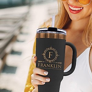 Custom Monogrammed 40 oz Tumbler with Handle, Lid and Straw - Personalized Insulated Stainless Steel Large Cup (Black with Gold)