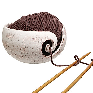MyGift Cream Ceramic Tangle-Free Yarn Ball Bowl, Rustic Handcrafted Knitting Crochet Bowl with Cut Out Swirl