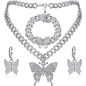 Junkin 3 Pieces Butterfly Necklaces for Women Butterfly Jewelry Set Butterfly Pendant Necklace Rhinestone Link Necklace Bling Charm Butterfly Hoop Earrings for Women Girl (Rhinestone Chain)