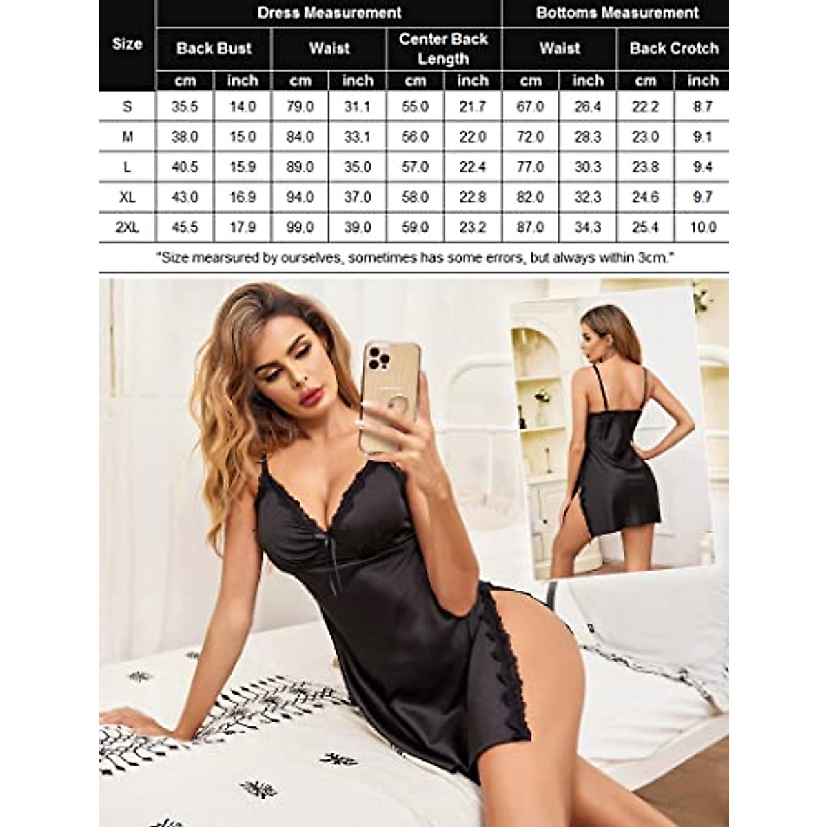 Avidlove Satin Nightgowns for Women Silk Lace Lingerie Satin Side Slit Chemise(Black,M)