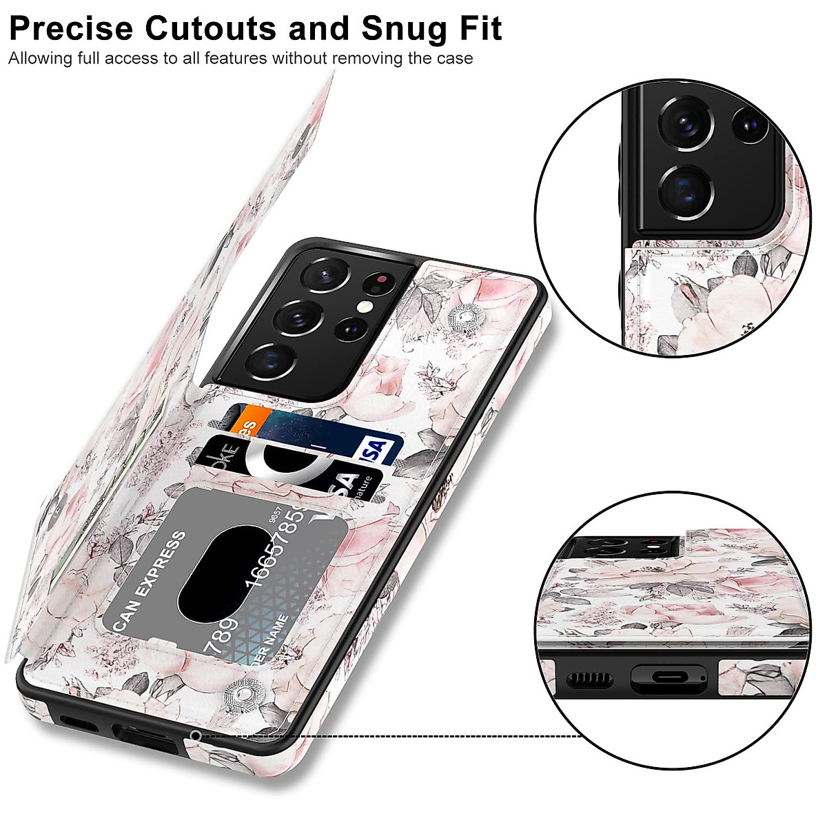 LETO Galaxy S21 Ultra Case,Luxury Flip Folio Leather Wallet Case Cover with Fashion Designs for Girls Women,Card Slots Protective Phone Case 6.8" Champagne Flowers