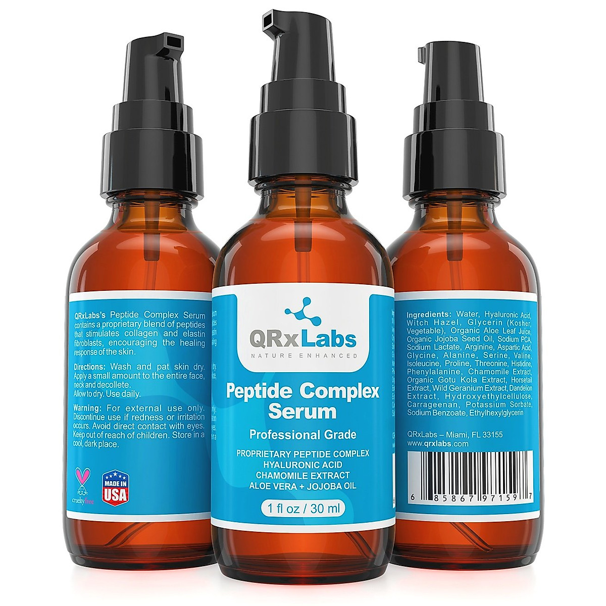 QRxLabs Peptide Complex Serum for Face - Collagen Booster with Hyaluronic Acid & Chamomile Extract - Reduces Wrinkles, Heals & Repairs Skin, Tightening Effect - Hyaluronic Acid Serum for Face