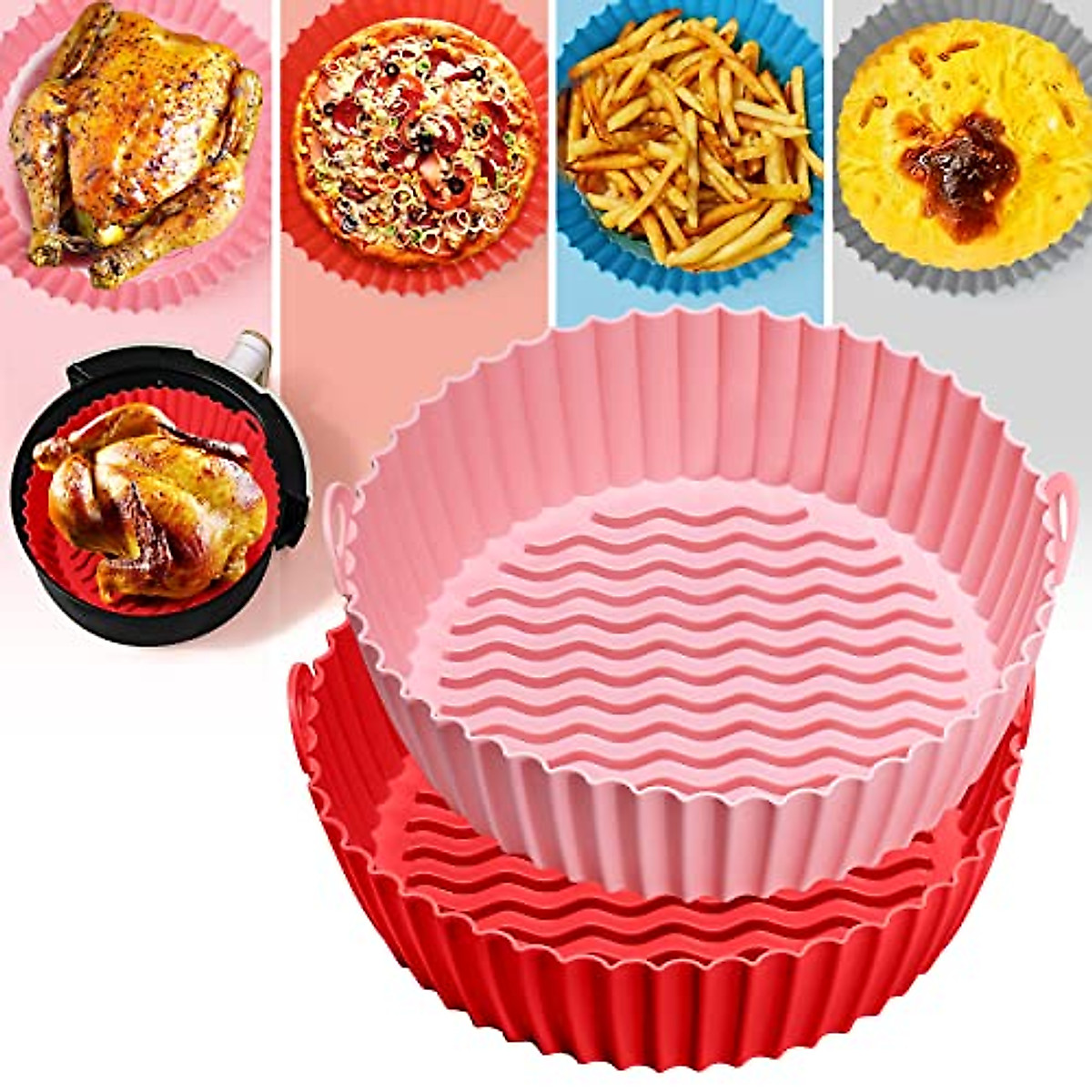 Air Fryer Liners, MIAOKE 8.5 Inch Silicone Air Fryer Liners with Silicone Oil Brush And Anti-Scald Gloves Set Heat Resistant Easy Cleaning Reusable Air Fryer Accessories 5 Pack- (Red/Pink)
