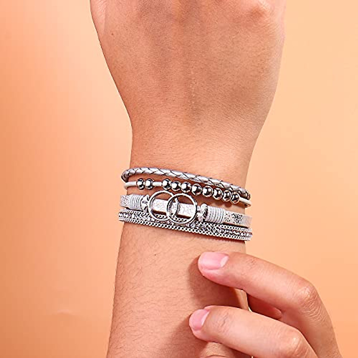FANCY SHINY Boho Wrap Bracelets Leather Cuff Bangle Gold Beaded Bracelets for Women Stackable Infinity Bracelets Jewelry with Clasp(Silver)