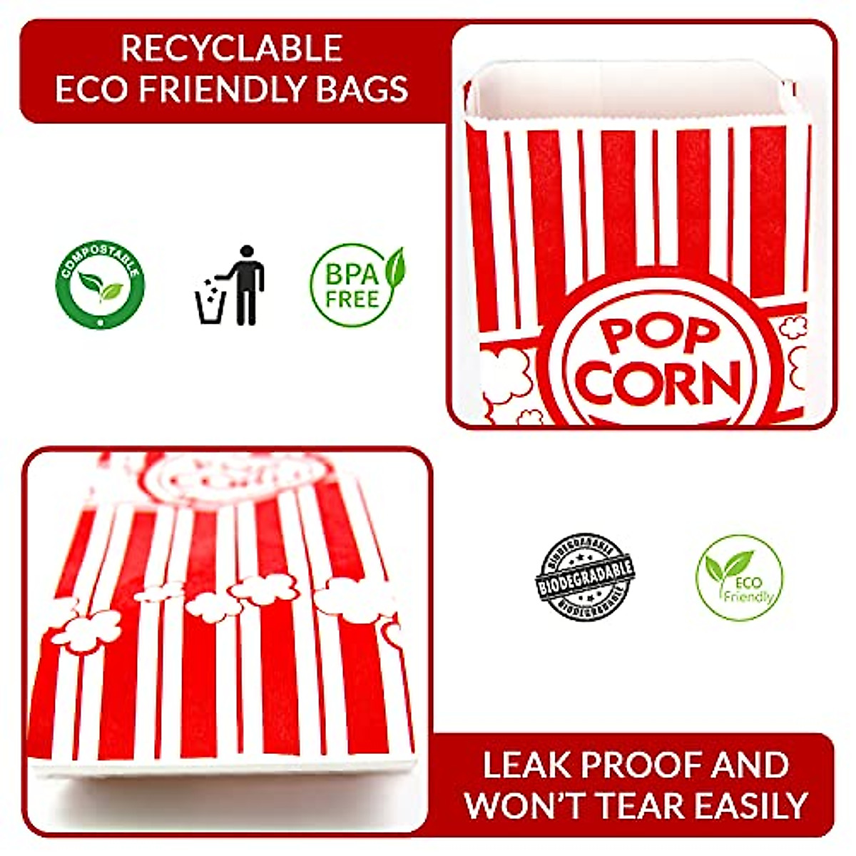 [250 Pack] Popcorn Bags 2 oz - Disposable Paper Popcorn Container, Red and White Striped Leak Proof Flat Bottom for Movie Night Snacks, Concessions, Birthday Party, Circus Carnival Decorations