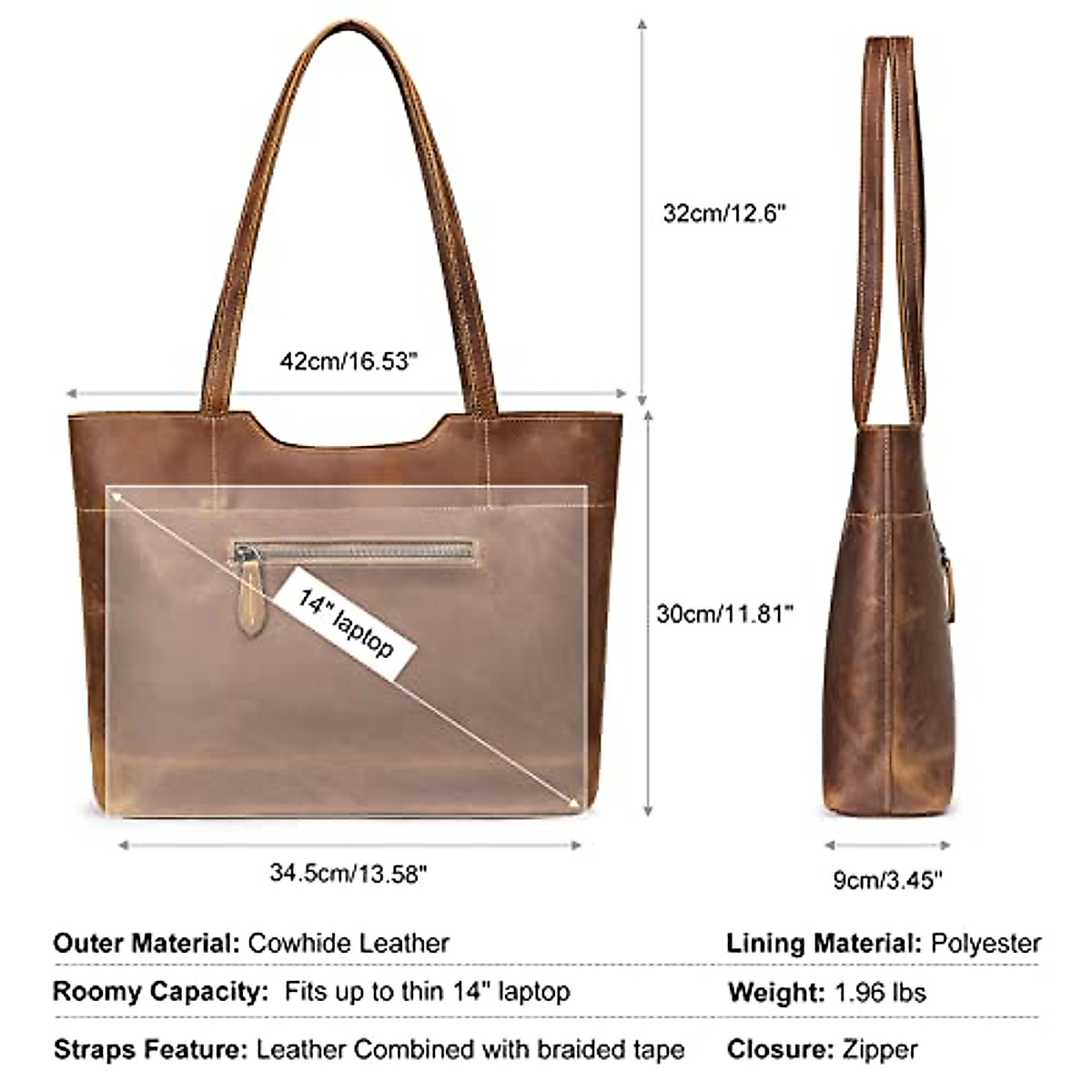 S-ZONE Vintage Genuine Leather Tote Bag for Women Large Handbag Shoulder Purse