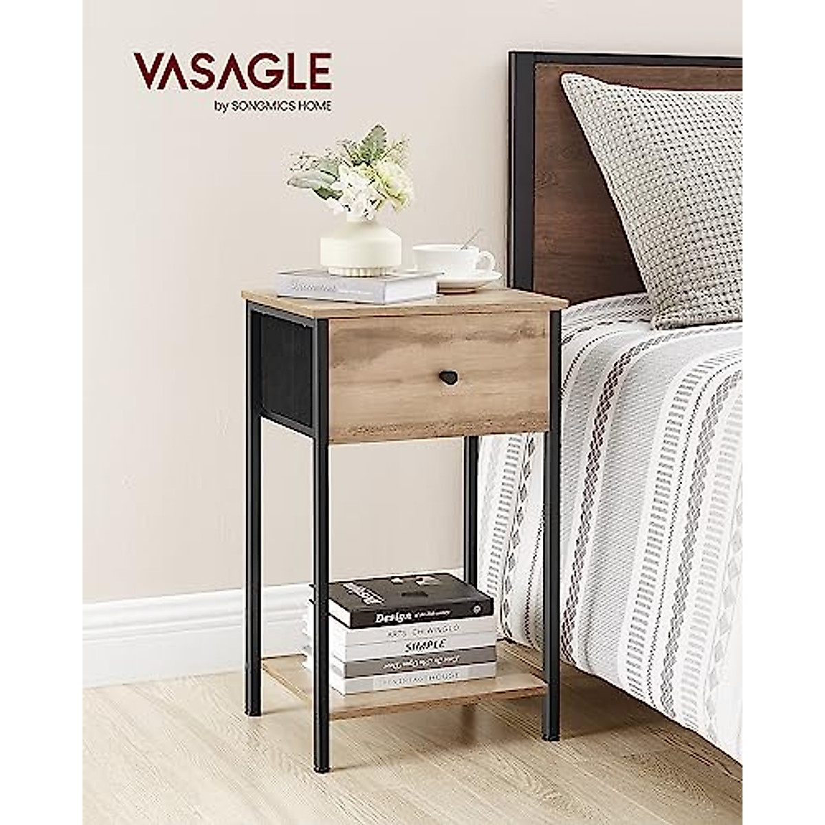 VASAGLE Nightstand, Side Fabric Drawer, 24-Inch Tall End Table with Storage Shelf, Bedroom, Toasted Oak