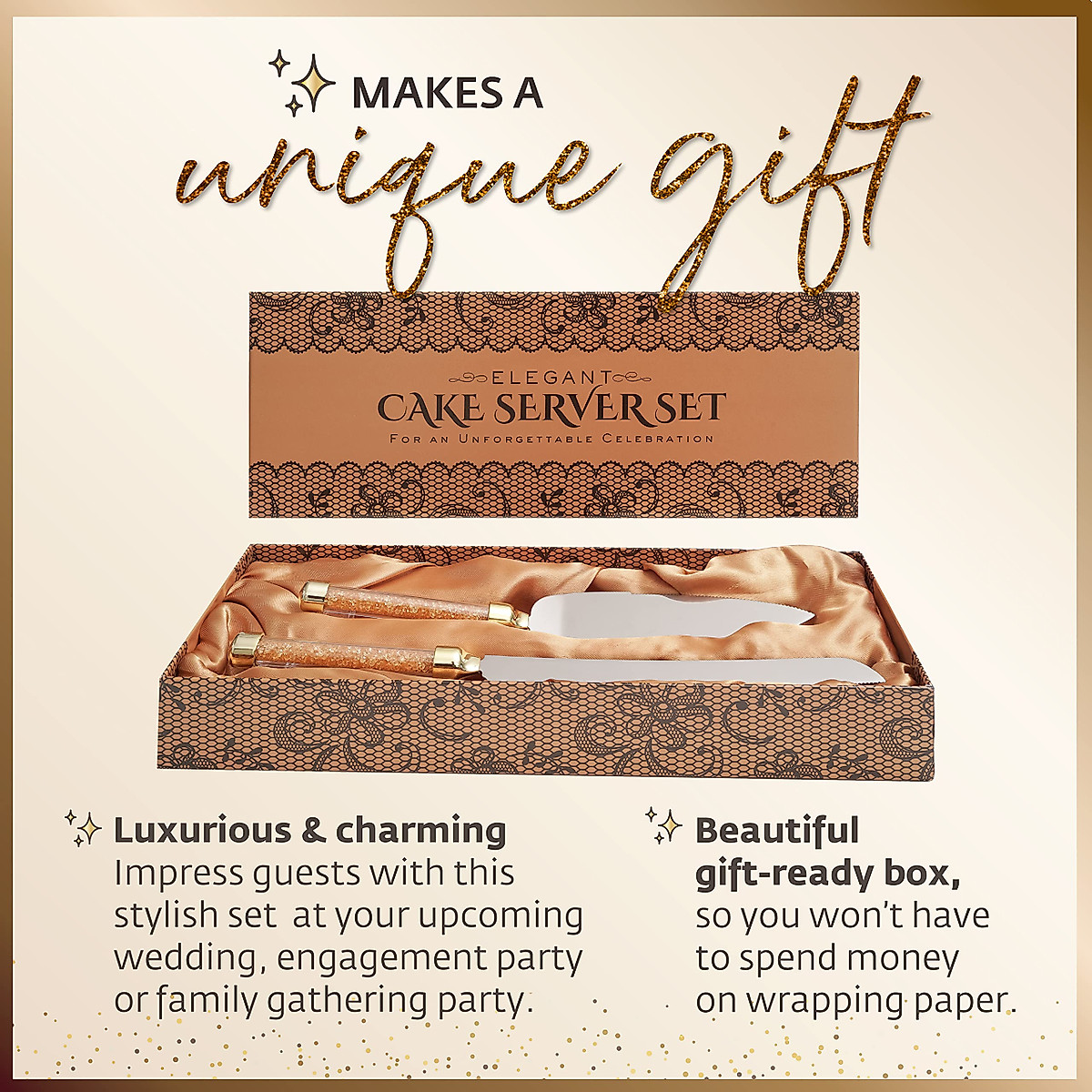 Cake Knife And Server Set With Gold Glittering Bead Handles - Packaged in a Gift box- Gift Idea For Weddings, Birthdays, Anniversaries