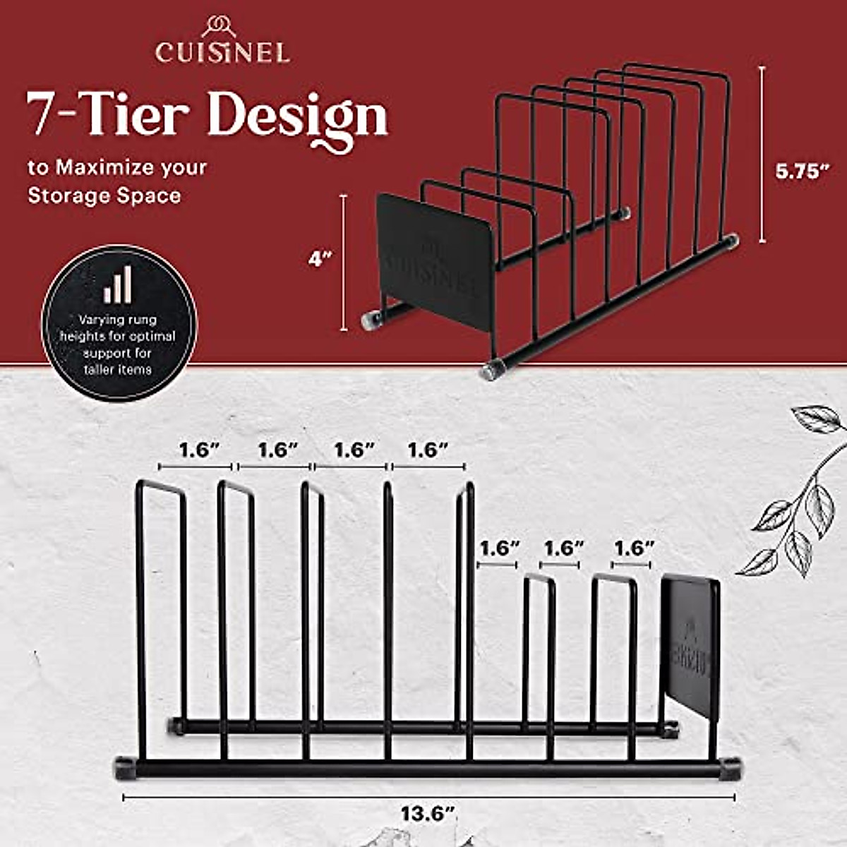 Lid and Dish Organizer Rack - Matte Black Kitchen Storage and Organization Stand - Plate Holder, Pan/Pot Covers, Cutting Board and Cookie Sheet Divider - 7-Tier Cabinet or Counter Display Organizers