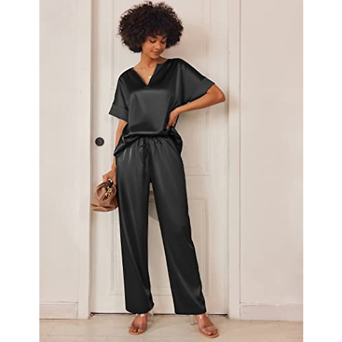 Ekouaer Silk Pj set for Women Satin Short Sleeve Pajamas Long Pant Soft Sleepwear Silky Pocktes Loungewear Black