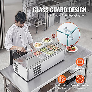 VEVOR, 130 W Countertop Refrigerated Condiment Station, with 1 1/3 4 1/6 Pans, 304 Stainless Body and PC Lid, Sandwich Prep Table Guard, ETL, Glass 40in, Silver