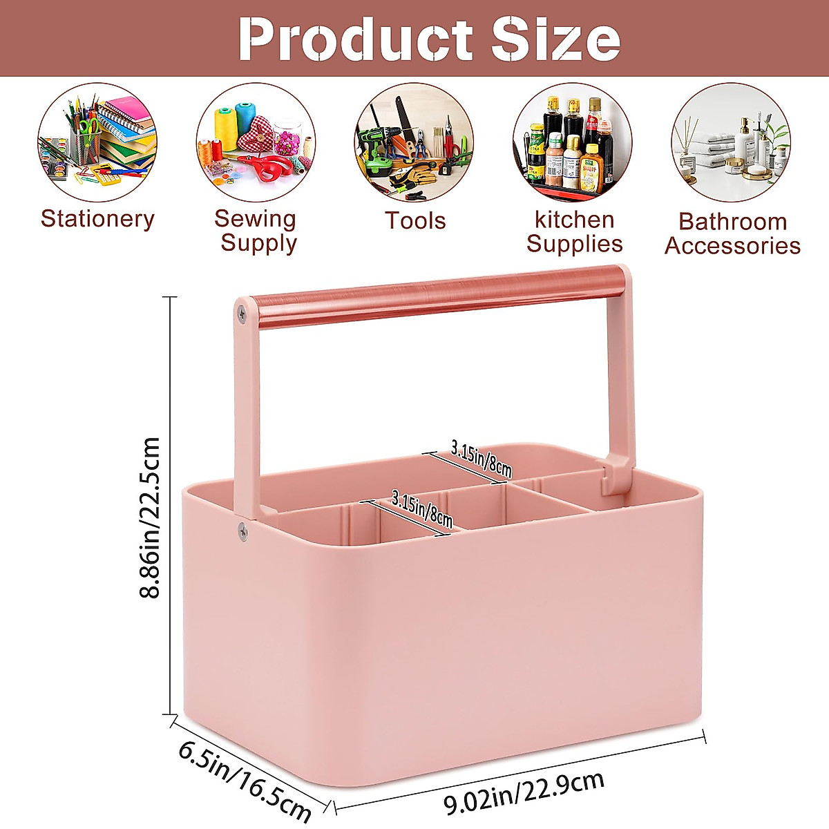 LAFARA Multipurpose Caddy Organizer with Handle and Adjustable Divider, Portable Art Supply Storage Organizer for Art Craft Supplies, Dorm, Office, Bathroom, Shower, Cleaning, Makeup (Rose Gold)