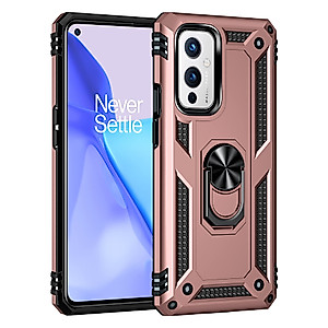 Dionsibei Military Grade Drop Impact for Oneplus 9 Case Oneplus 9 5G Case 360 Metal Rotating Ring Kickstand Holder Armor Heavy Duty Shockproof Case for Oneplus 9 Phone Case (Rose Gold)
