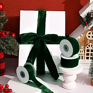 Preboun 4 Rolls Velvet Ribbon for Gift Wrapping 24 Yards Total Frayed Edge Velvet Silk Ribbon for Valentine's Day Wedding Baby Shower DIY Crafts Decor(Dark Green,1.5 Inch)