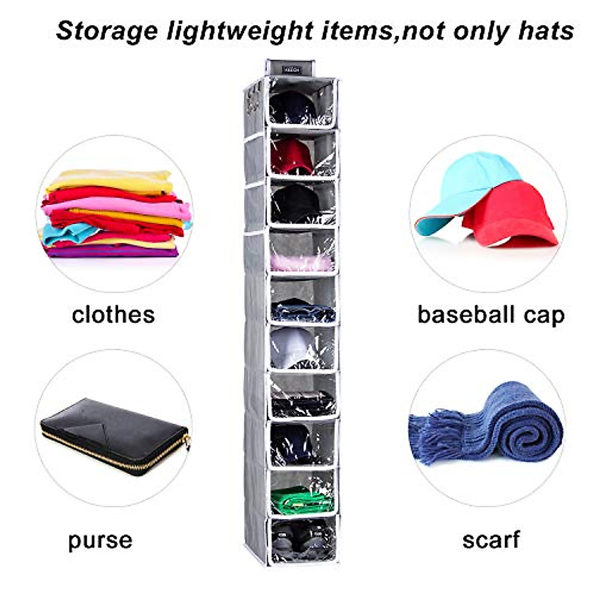 KEEGH Hat Organizer for Closet Hanging Hat Rack Cap Holder Closet Organizer for Baseball Storage 10 Shelf Cap Organizer with Dust Cover and Side Mesh Pockets