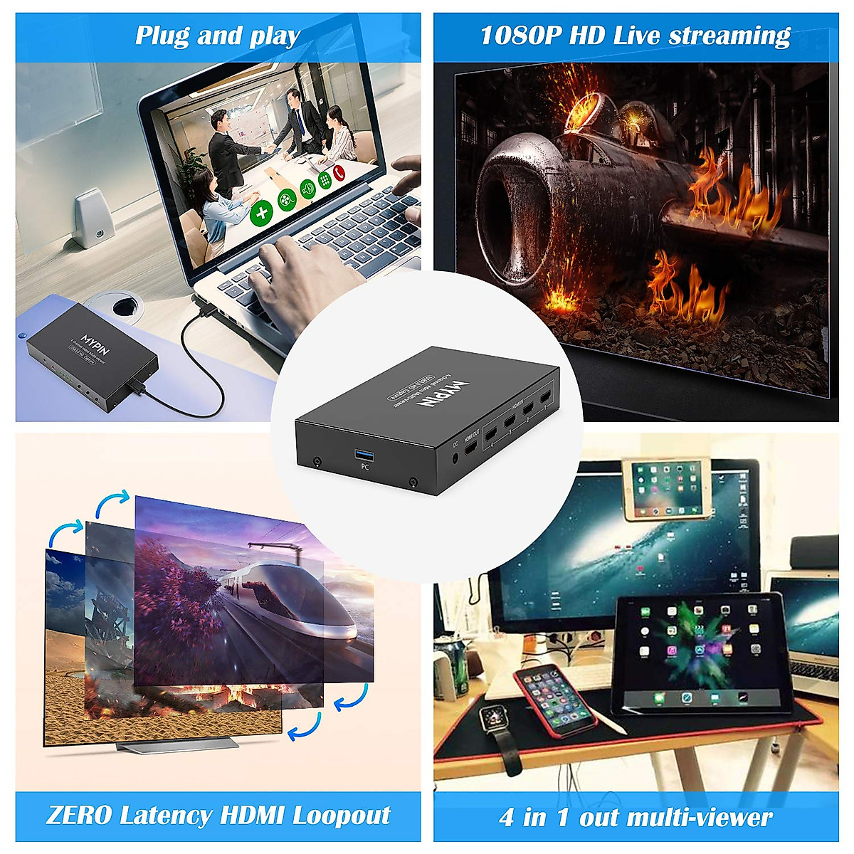USB3.0 HDMI Video Capture Card, 4-Channel 1080P@60fps HDMI Game Caputre for Multi-Channel Live Streaming with Loop Out for Xbox One/ PS4/ Wii U/Nintendo Switch