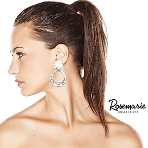 Rosemarie Collections Women's Statement Matte Hammered Metal Disc Hoop Dangle Clip on Style Earrings, 2.75" (Polished Silver Tone)