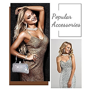 5 Pieces Silver Clutch Purse Rhinestone Evening Purses Crystal Jewelry Set Include Rhinestone Tassel Necklace Bangle Bracelet Dangle Fringe Earrings Ring for Women Wedding Party Bridal Handbag