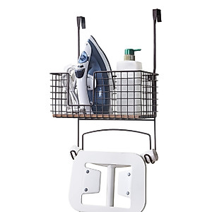 SunnyPoint Metal Wall Mount/Over The Door Ironing Board Holder with Large Storage Basket (ORB, 12" X 7" X 5.5" (Basket Size))