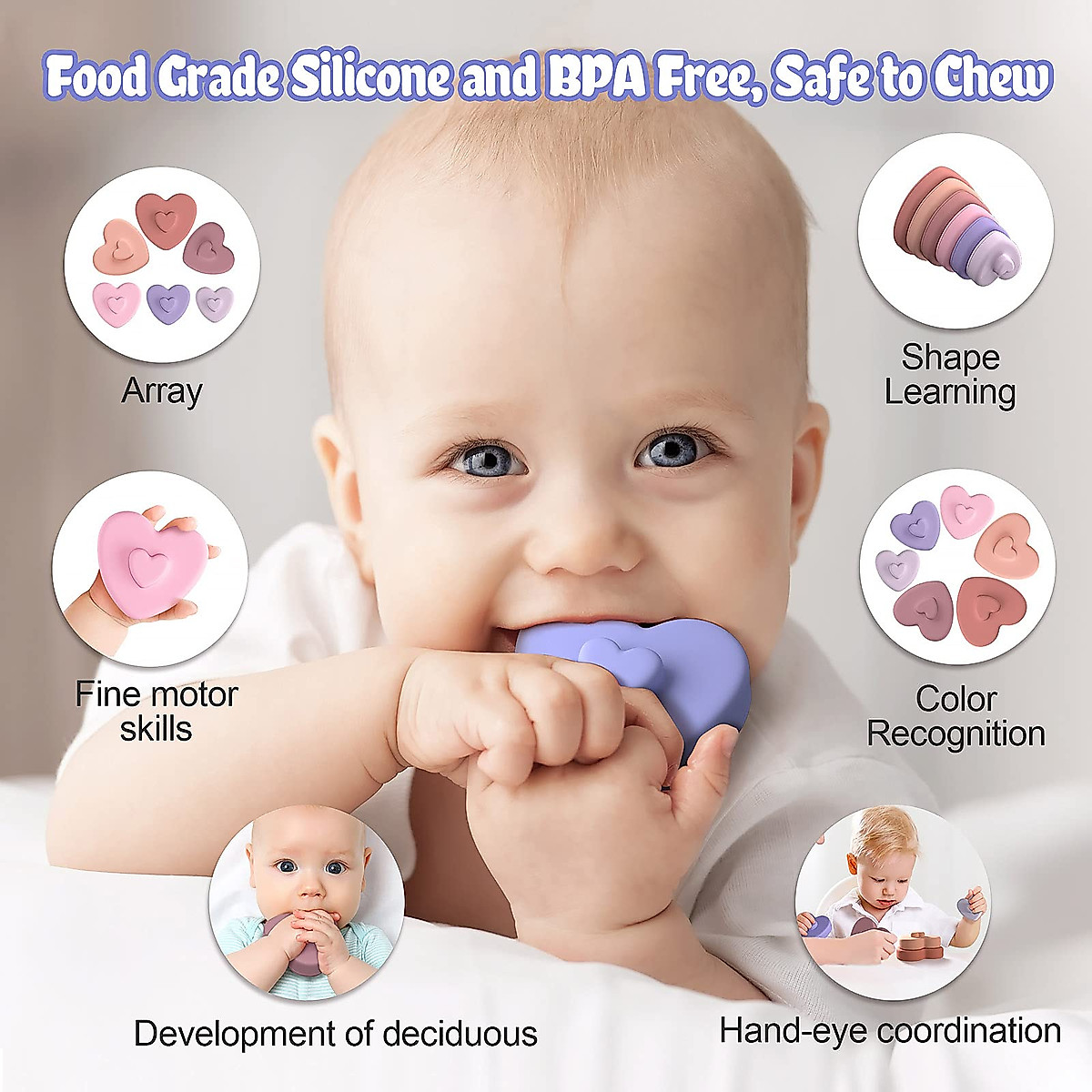 Baby Silicone Stacking & Nesting Toys, Christmas 6 pcs Heart Building Stacker Blocks Tower, Soft Chew Natural Teether Montessori Toys, 6+ Months Toddler Boys & Girls Early Education Learning