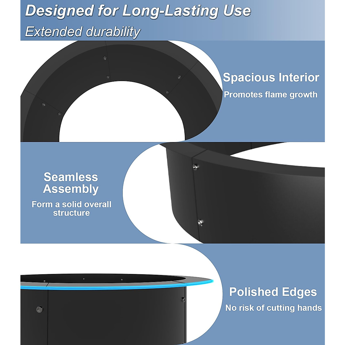 AnBaiMei Round Outdoor Fire Pit Ring Insert 31-Inch Inner 35-Inch Outer Diameter, Heavy Duty Metal Steel DIY Firepit Liner Campfire Rings for Outside Wood Burning Above or In-Ground, Black