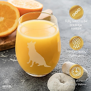 German Shepherd Stemless Wine Glasses (Set of 2) | Unique Gift for Dog Lovers | Hand Etched with Breed Name on Bottom