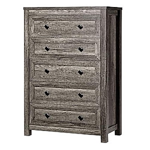 LUXOAK Farmhouse 5 Drawers Dresser, Wood Rustic Chest of Drawers for Bedroom, Tall Dressers Organizer with Metal Handles, 5 Drawers Chest for Living Room, Hallway, Entryway, Grey