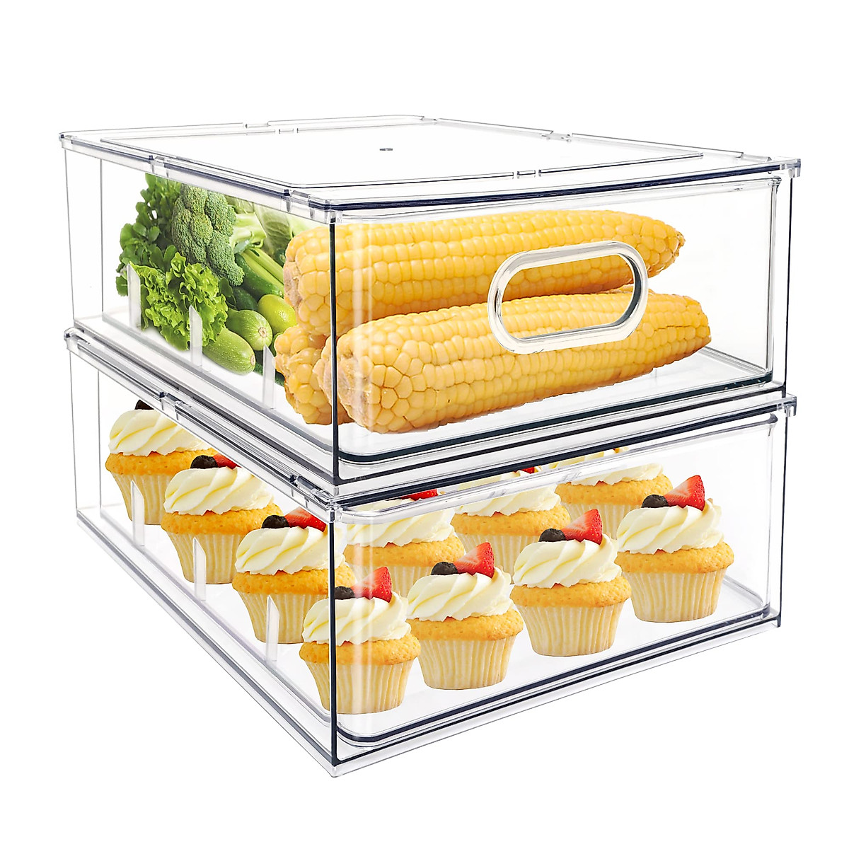 MANO 2Pack Clear Fridge Drawers Pull Out Stackable Refrigerator Drawer Organizer Bins Pantry Storage Box Plastic Food Containers for Kitchen Bathroom Office Closet (X-Large)