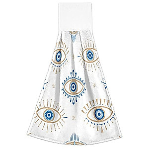 xigua Hanging Hand Towels Set of 2 pcs-Evil Eye Kitchen Hand Towels with Hanging Loop Soft Absorbent Tie Towels for Kitchen/ Bathroom/ Tabletop Home