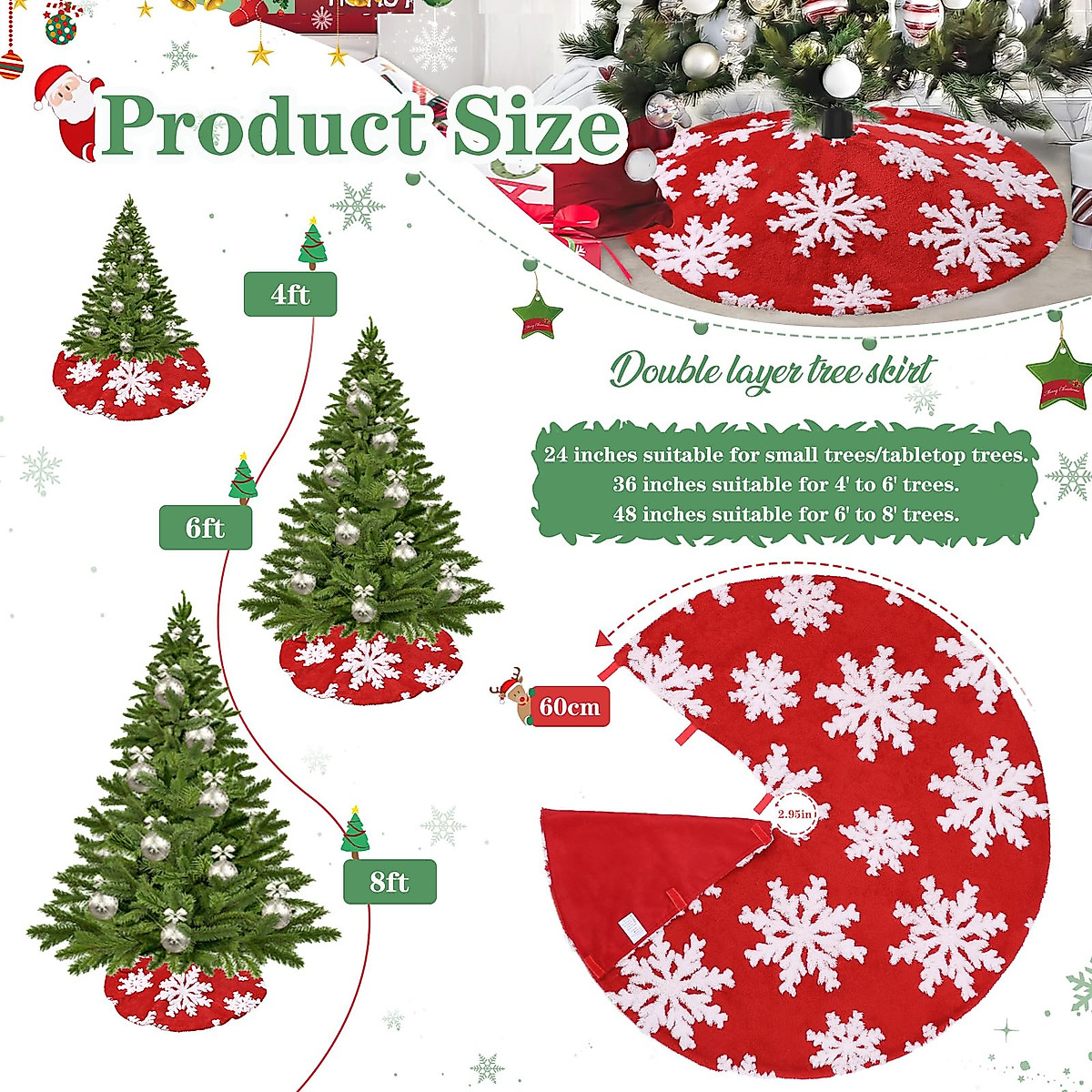 24 Inch Tree Skirt Small Red Christmas Tree Skirts with White Snowflakes Faux Fur Xmas Tree Decorations