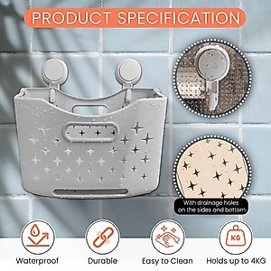 Generic Multipurpose Foldable Storage Caddy with 2 Suction Cup Hooks, Best Used as Bathroom Organizers and Shower Caddy, Portable and Easy-to-Clean, Holds up to 4KG, white