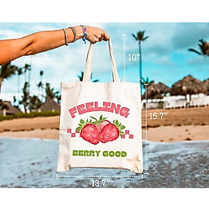 GXVUIS Feeling Berry Good Canvas Tote Bag for Women Aesthetic Cute Strawberry Reusable Grocery Shopping Bags Girls Gifts White