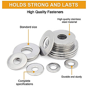 VIGRUE 304 Stainless Steel Flat Washers Assortment Washers Hardware Set 300pieces,8Sizes 1/2" 3/8" 5/16" 1/4" 12# 10# 8# 6#