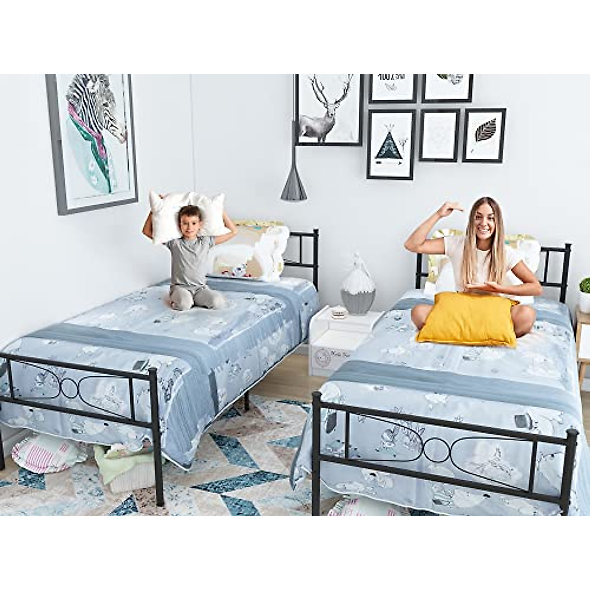 Bed for Boys/Teen Twin Bed Frames No Box Spring Need Twin Beds Mattress Foundation with Headboard Single Metal Platform Bed Frame,Black