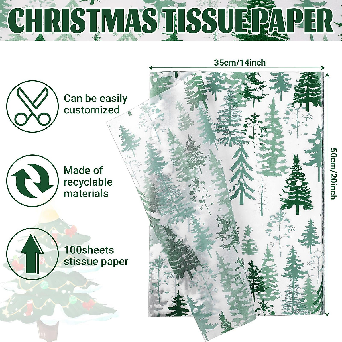 100 Sheets 20 * 14 Inches Christmas Tissue Paper for Gift Bags, Green Christmas Tree Pattern Tissue Paper for Gift Wrapping, Rustic Art Tissue for Winter Holidays Birthday Xmas New Year DIY Craft