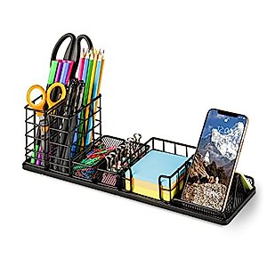 Pen Holder for Desk, Desk Organizer with Pen Holder, DIY Desktop Organization with Phone Holder, Sticky Note Tray, Paperclip Storage and Office Accessories Caddy for Office Home School, Black