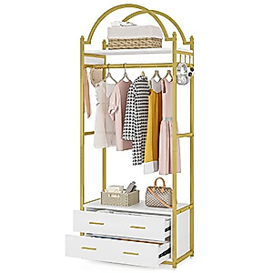 LITTLE TREE Tall Clothes Rack Shelves with Shelves Drawers and Hooks, Modern Arced Closet Organizer Heavy Duty Garment Clothing Freestanding Wardrobe Storage Shelving with Hanging Rod, White Gold