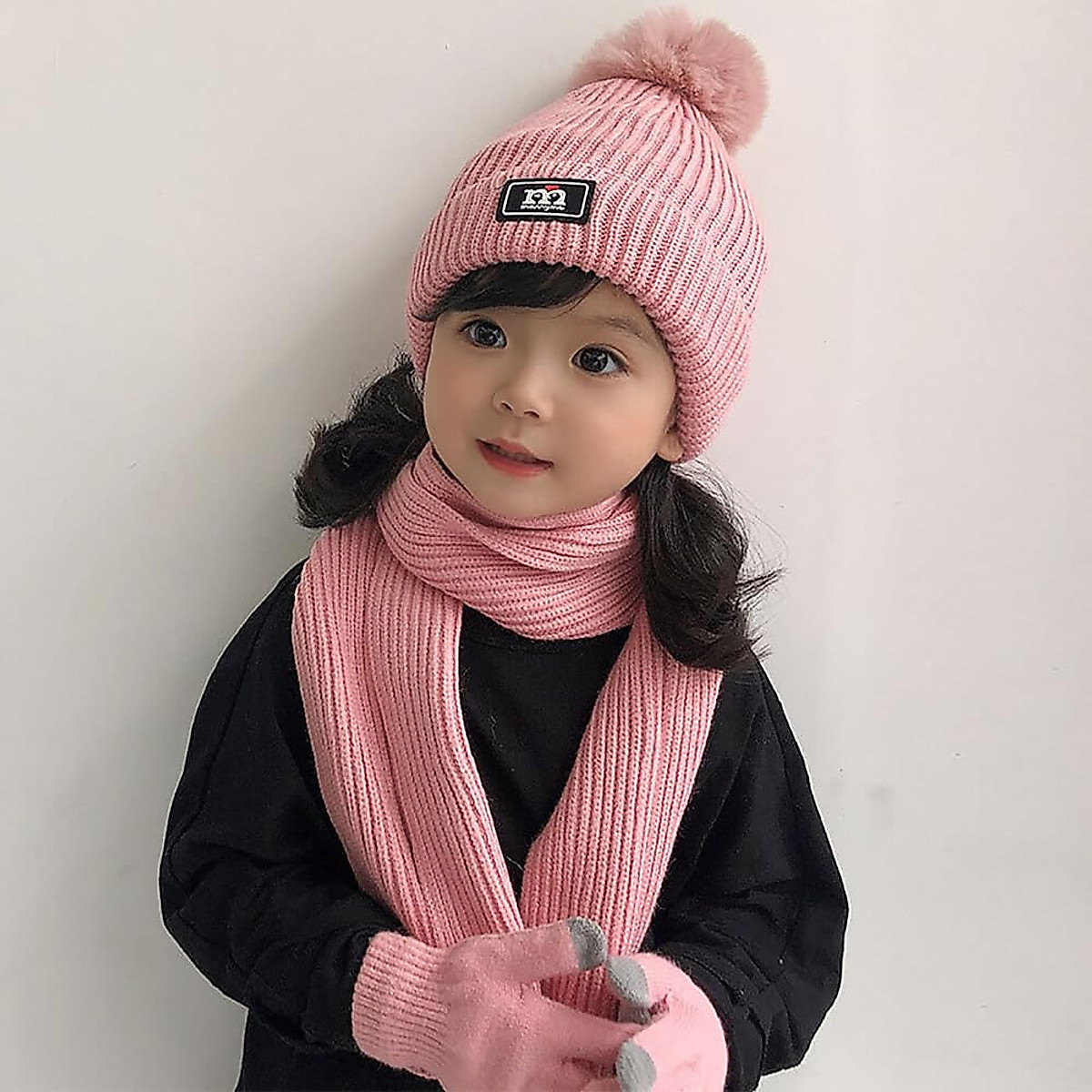 Kids Winter Beanie Hat Scarf Gloves Set, Winter Knit Warm Soft Pom-Pom Beanie Hat for Boys and Girls Outdoor Warm Beige