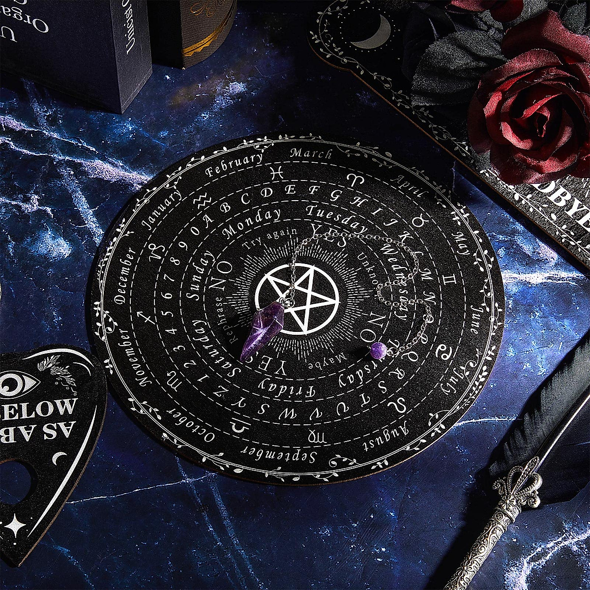 Threan Pendulum Dowsing Divination Board with Amethyst Set Metaphysical Message Crystal Pendulum Necklace Wooden Spirit Board Talking Board with Planchette for Wiccan Supply(Star Style)