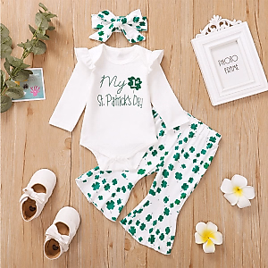 Detigee Baby Girl St. Patricks Day Outfit Nreborn Saint Patrick's Day Flare Pants Outfit (Green-Flare, 0-3 Months)