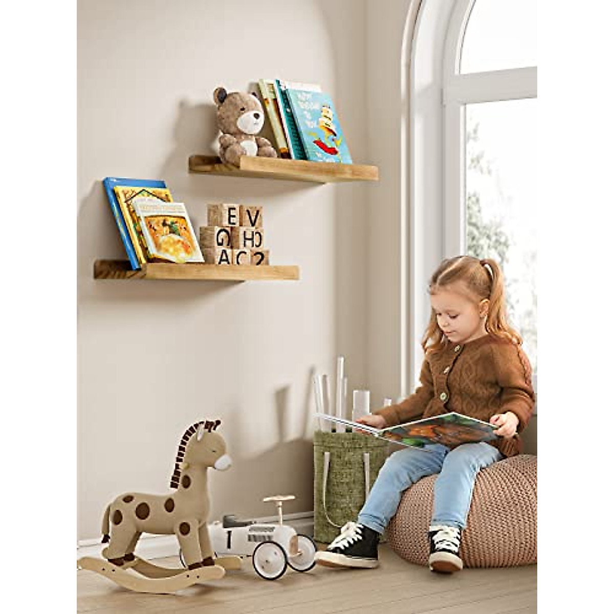 AMADA HOMEFURNISHING Floating Shelves, Wood Hanging Wall Shelves for Storage, Wall Mounted Shelves for Bathroom, Living Room, Kitchen, Bedroom, Office, Wall Shelf Set of 2, AMFS25